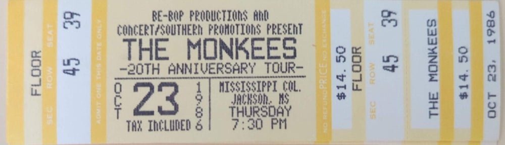 Monkees - 20th Anniversary Tour 1986 Original Vintage Concert Ticket R ...