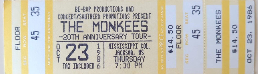 Monkees - 20th Anniversary Tour 1986 Original Vintage Concert Ticket R ...